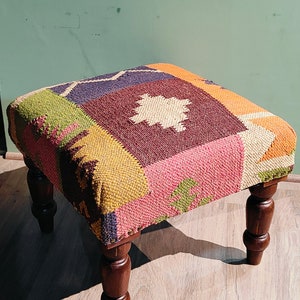 Decorative Handmade Foot Stool Acacia Wood Kilim Upholstered Pouf Stool ...