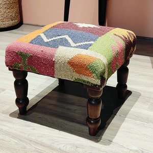 Decorative Handmade Foot Stool Acacia Wood Kilim Upholstered Pouf Stool ...