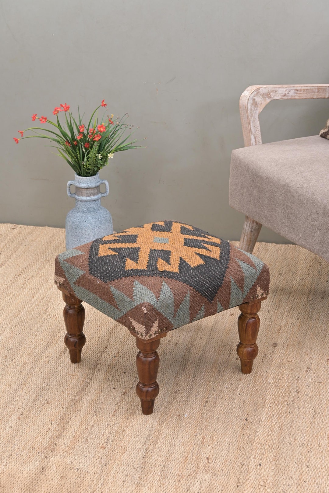 Handcrafted Acacia Wood Stool With Decorative Kilim Upholstery Elegant ...