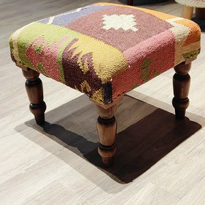 Decorative Handmade Foot Stool Acacia Wood Kilim Upholstered Pouf Stool ...