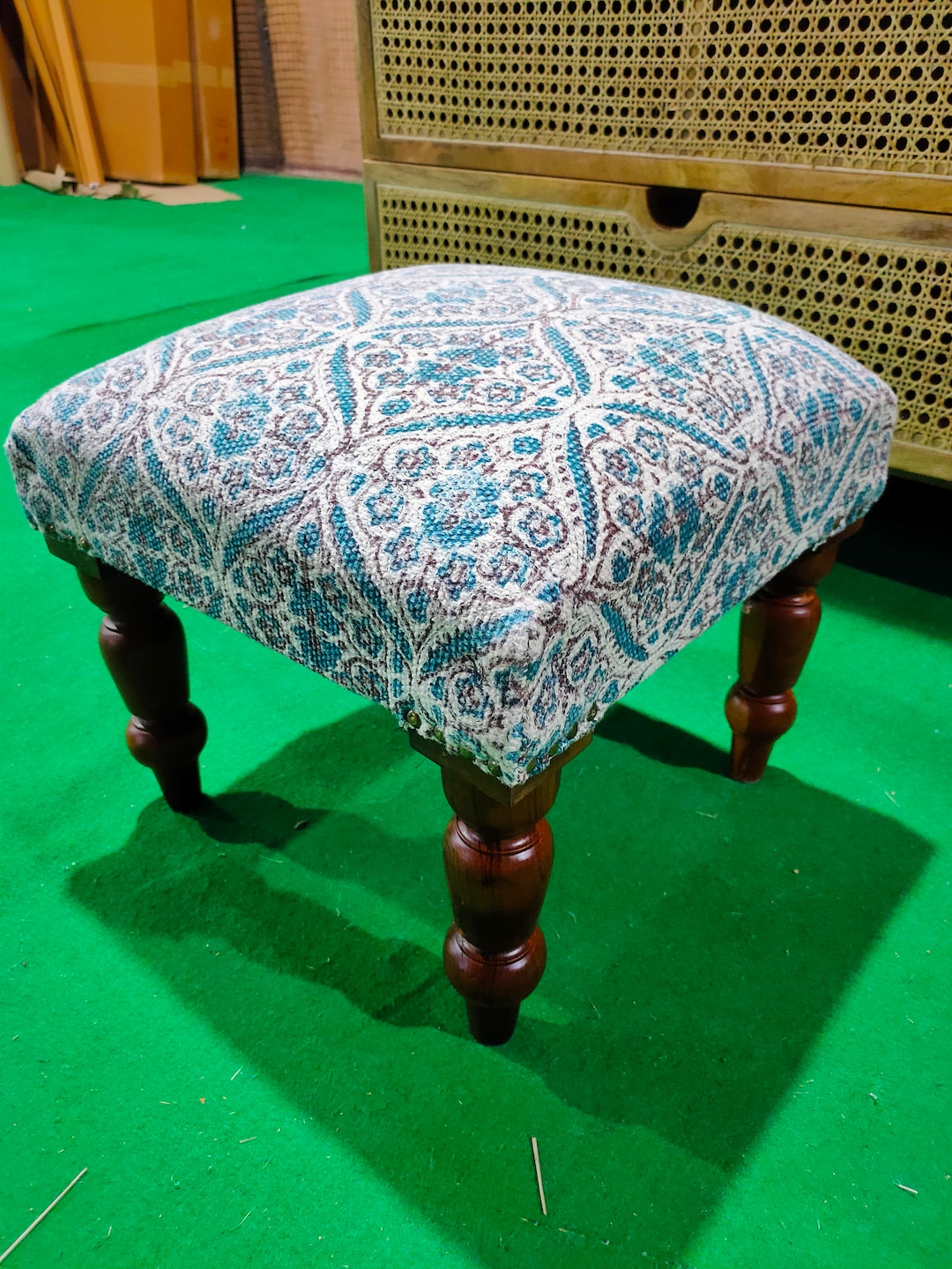 Handcrafted Acacia Wood Stool Decorative Kilim Upholstered Pouf ...