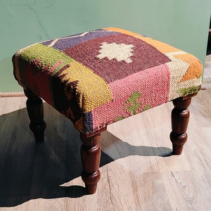 Decorative Handmade Foot Stool Acacia Wood Kilim Upholstered Pouf Stool ...