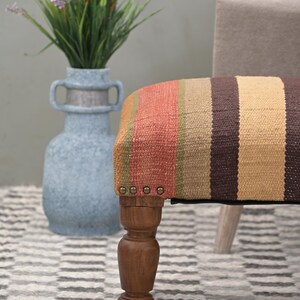 Elegant Acacia Footstool | Kilim Upholstered Pouf Ottoman | Traditional ...