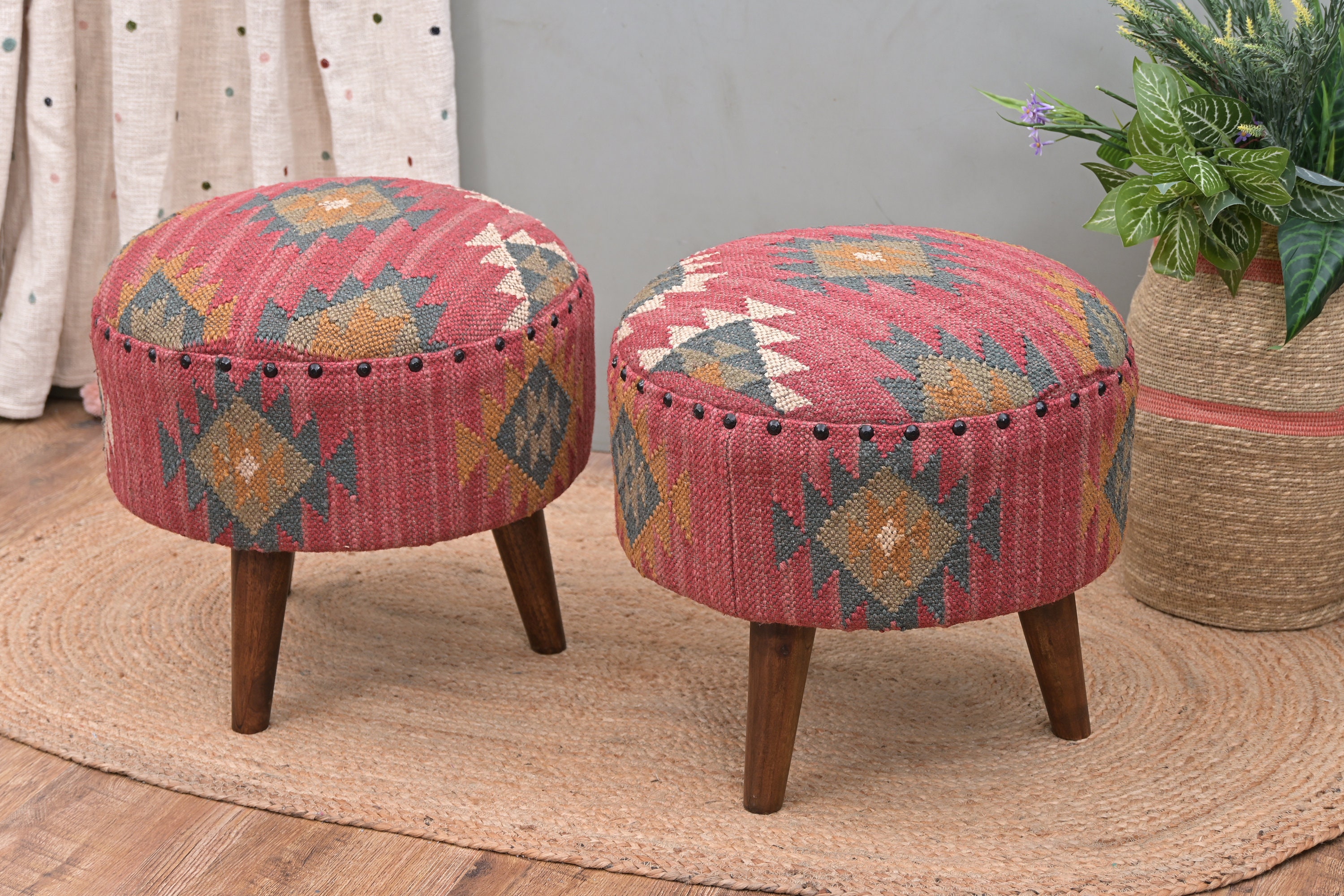 Handmade Footstool | Set of 2 Wooden Foot Stools | Bohemian Pouf ...