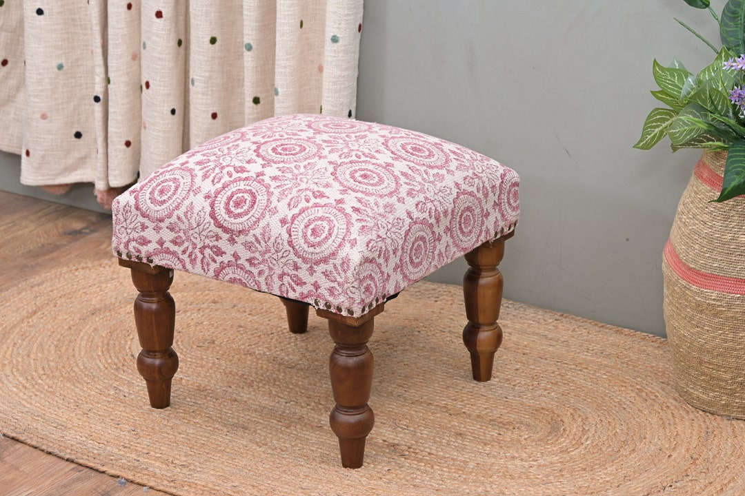 HANDMADE Acacia Wood Stool | Decorative Block Print Upholstered Pouf ...