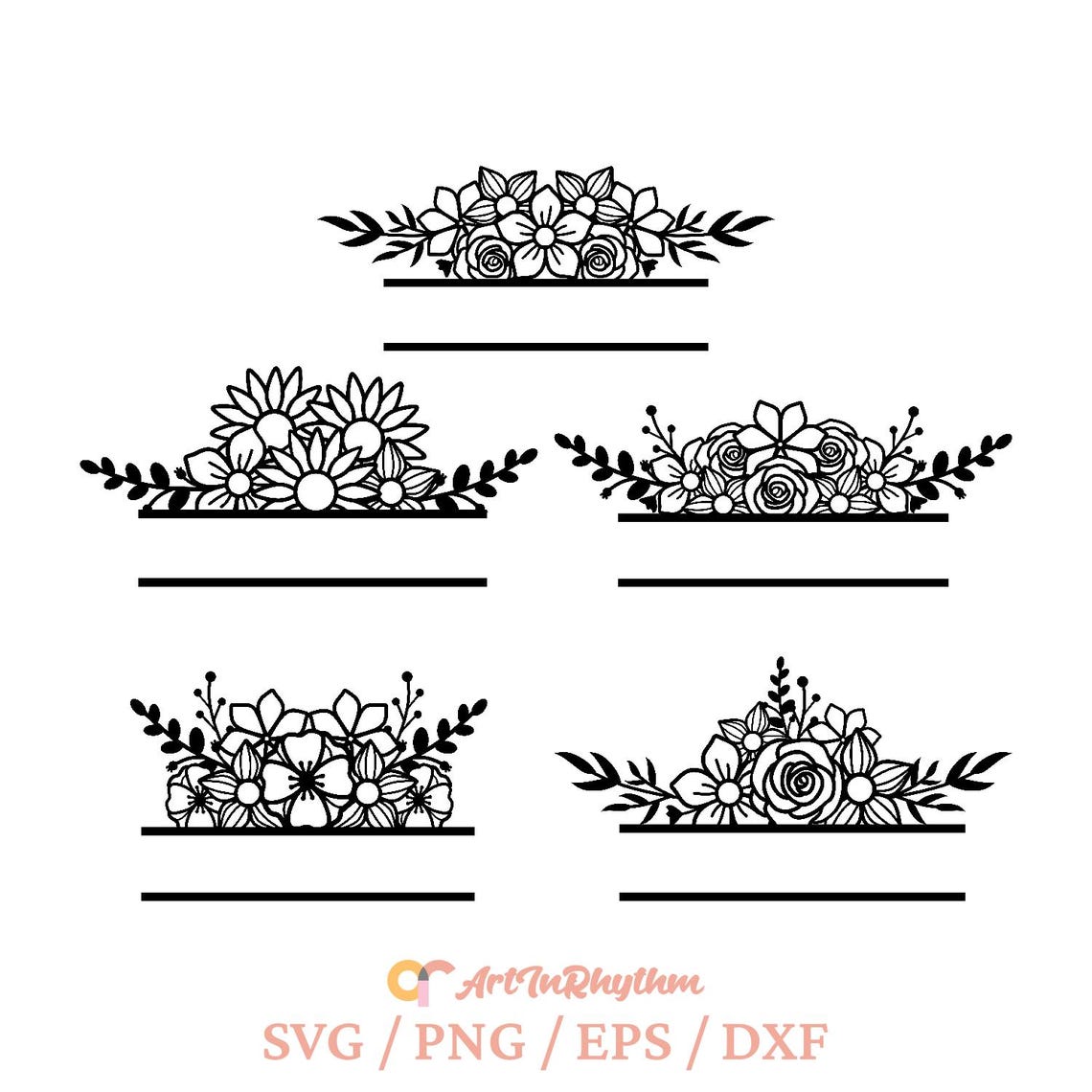 Floral Split Frame Svg, Wedding Split Monogram Svg, Family Name Frame ...