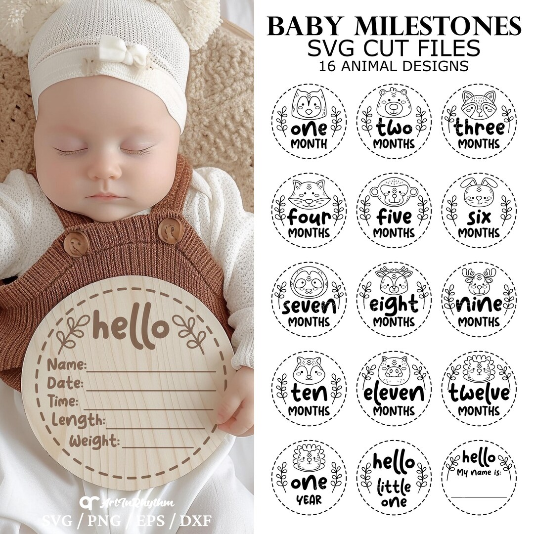 Baby Monthly Milestone Svg Bundle, Woodland Animal Baby Milestone Svg ...