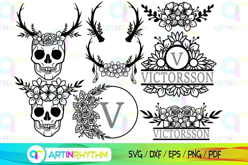 Floral Split Monogram Frame Svg Flower Sugar Skull Svg | Etsy