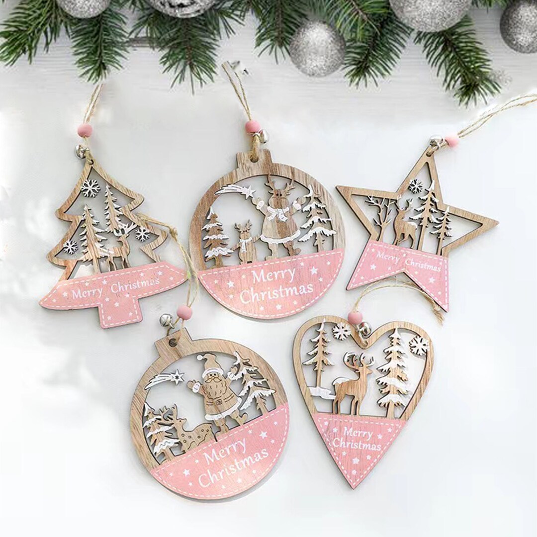 Christmas Tree Pendant Decoration, Pink Painted Wooden Pentagram ...