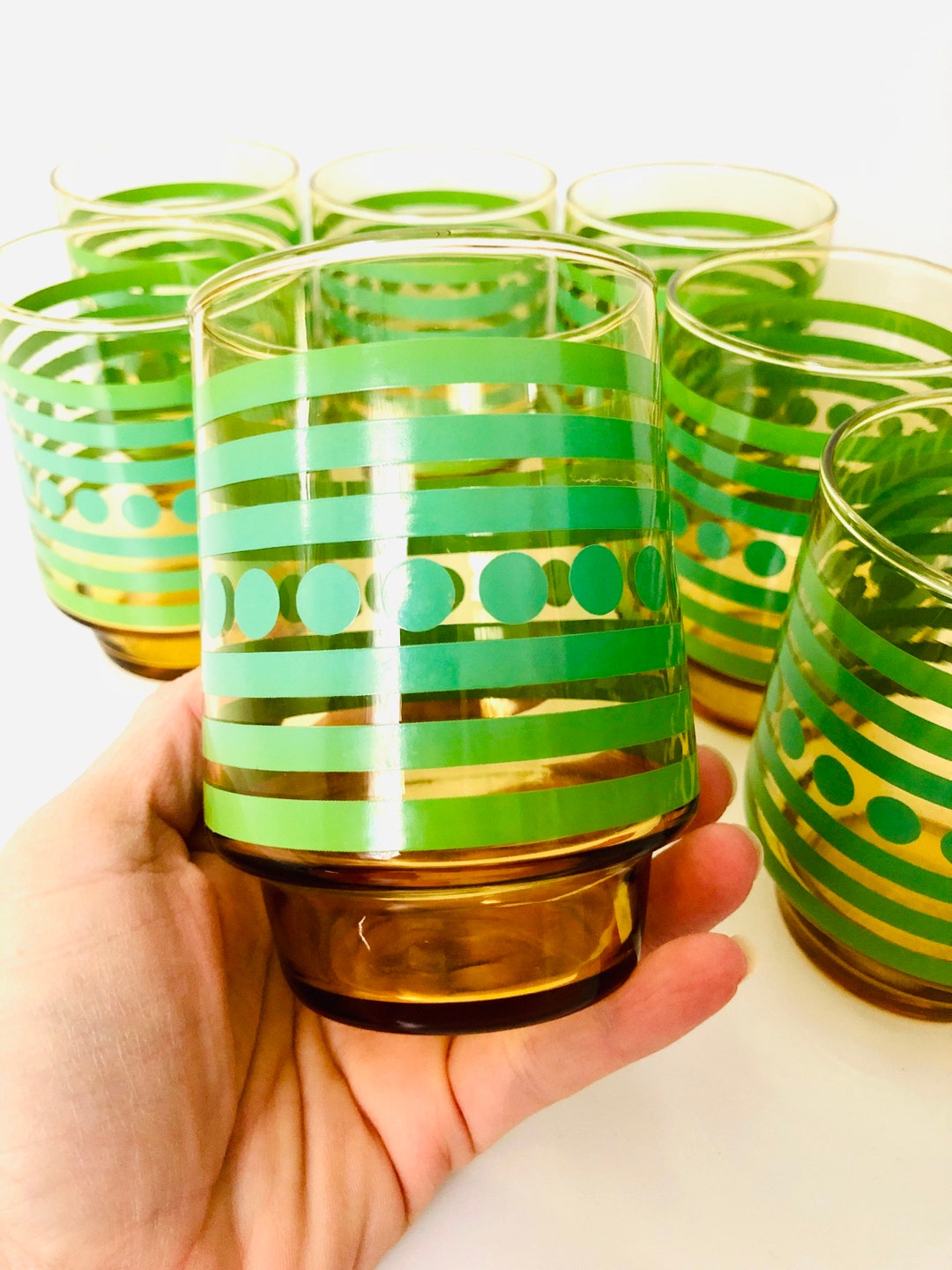 Set of 7 Retro Green Stripe and Dot Amber Stacking Glasses - Etsy