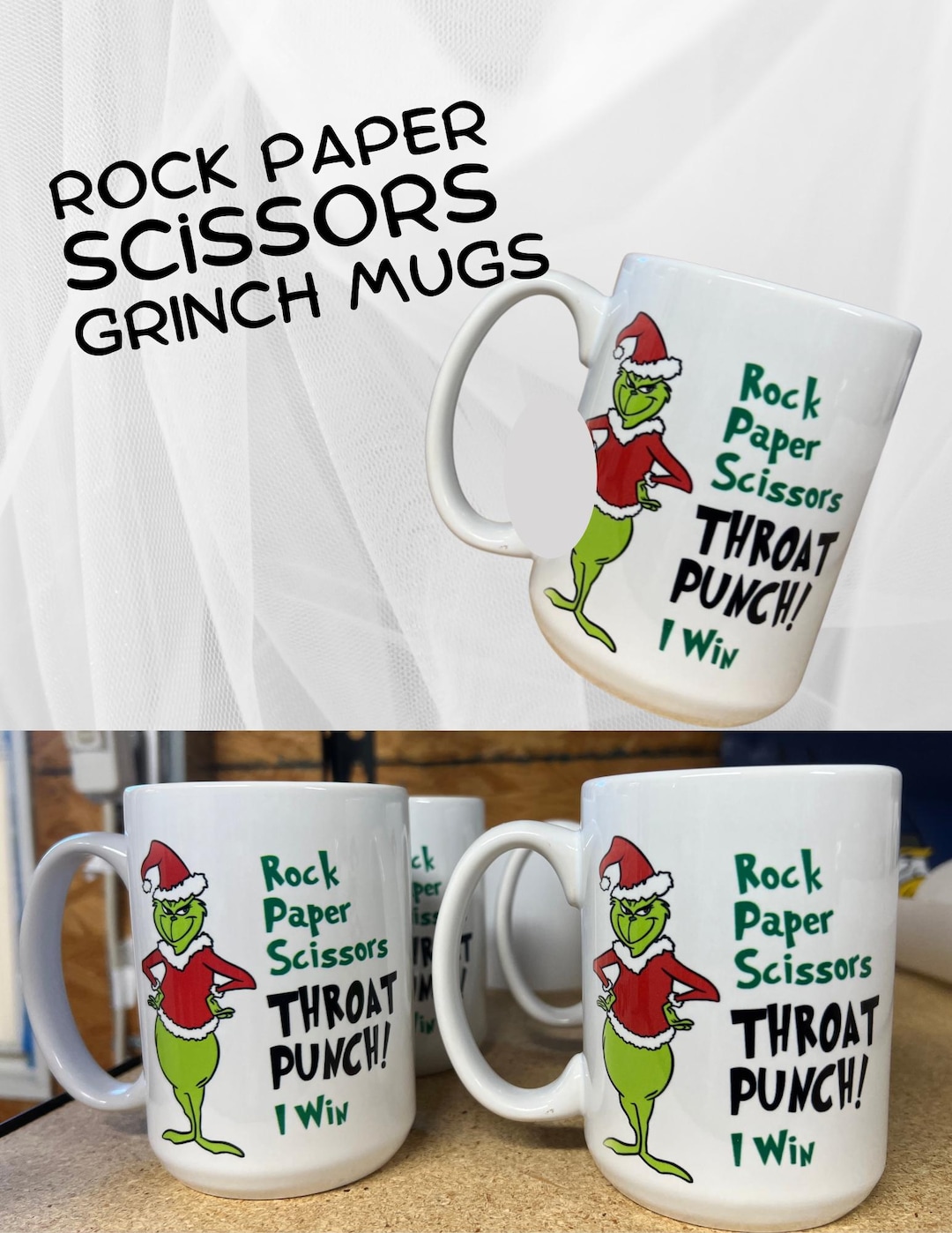 GRINCH Mug - Rock Paper Scissors Throat Punch - I Win With Grinch ...