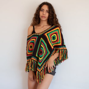 Crochet Rasta Poncho: Hand-knitted Vegan Cotton Boho Style - Etsy