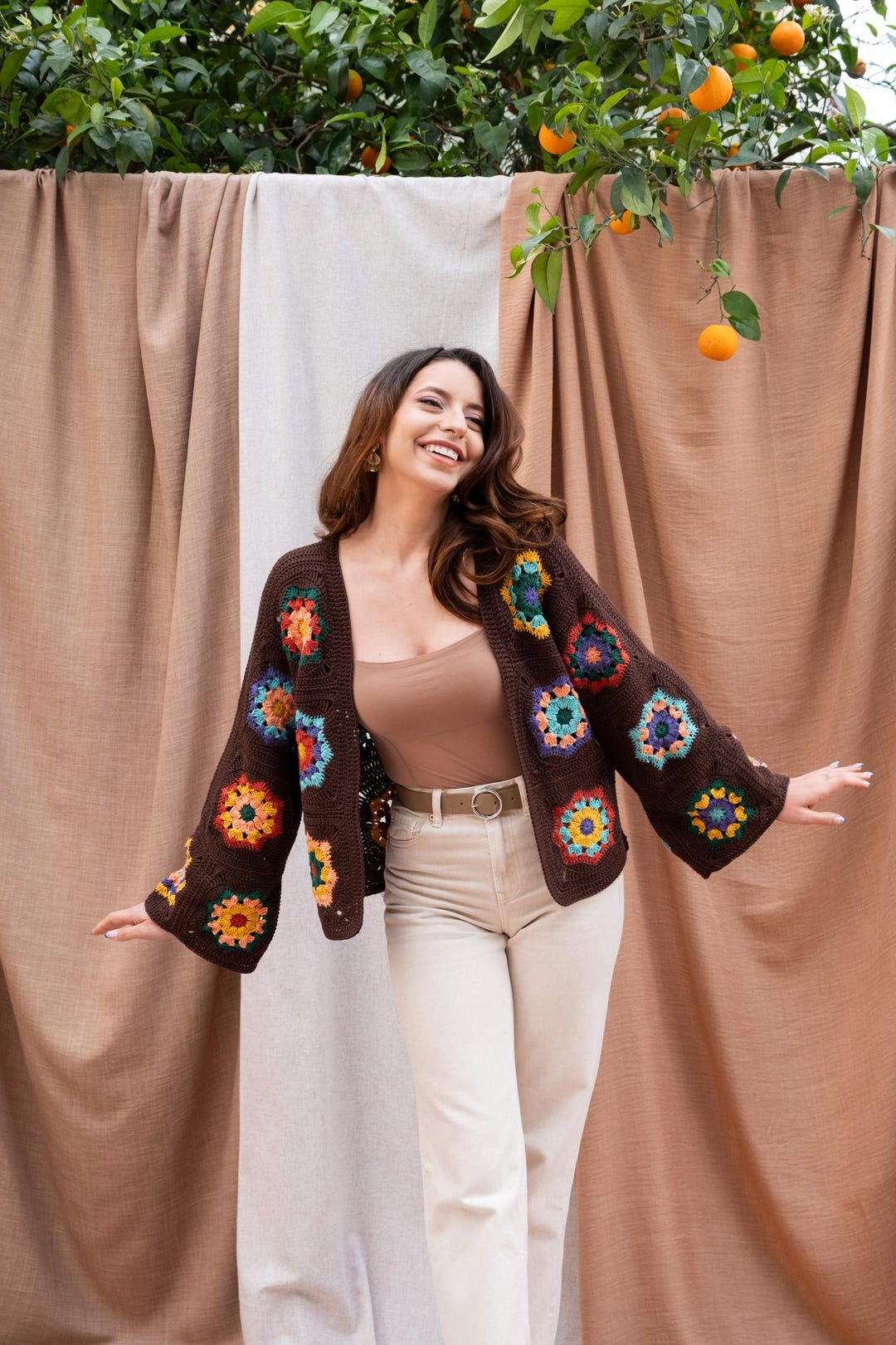 Handmade Crochet Granny Square Cardigan: 70s Boho Cotton Sweater - Etsy