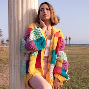 Hand Knit Patchwork Cardigan, Colour Block Patchwork Cardigan ...