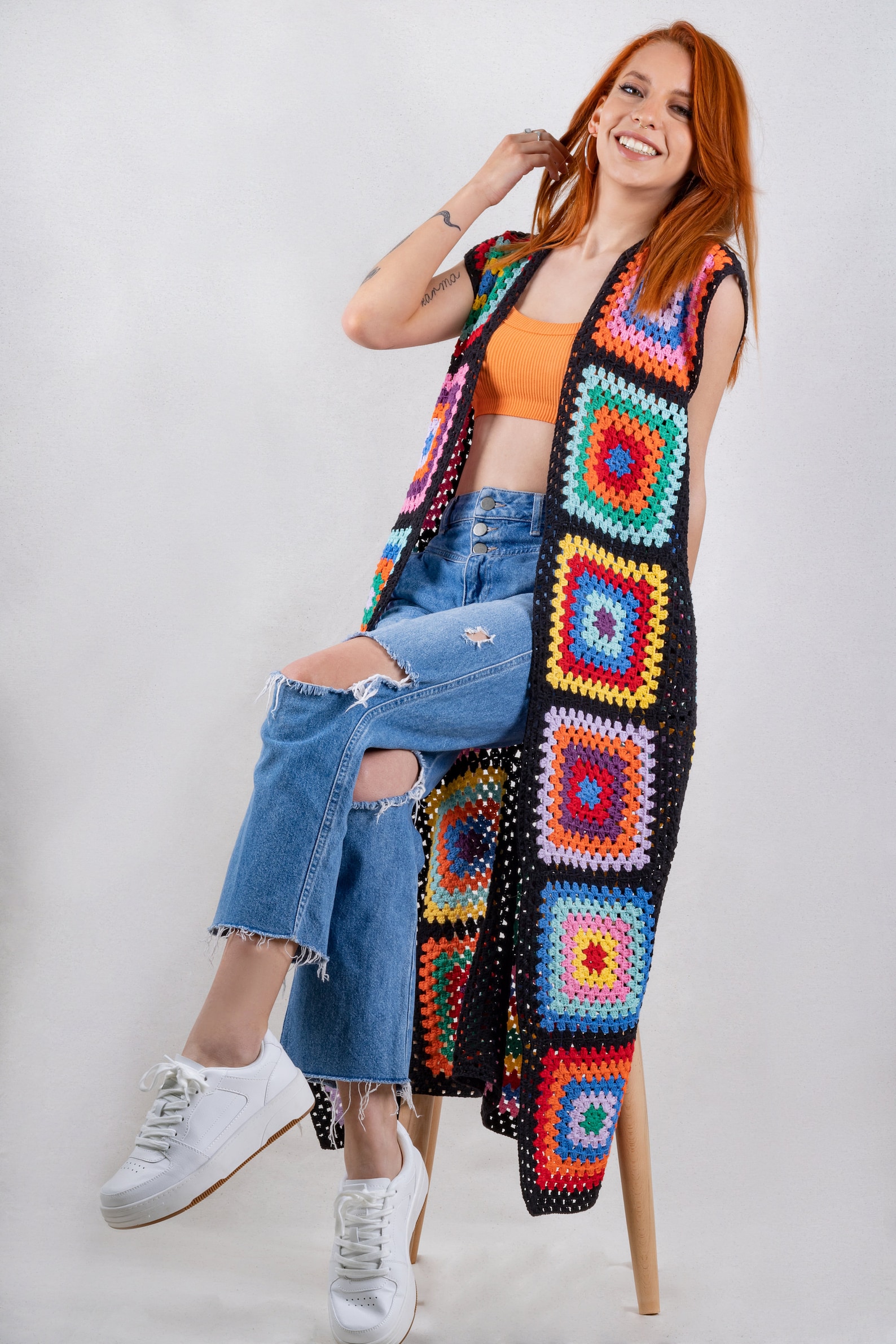 Patchwork Long Cardigan Vest Crochet Long Waistcoat Cotton - Etsy