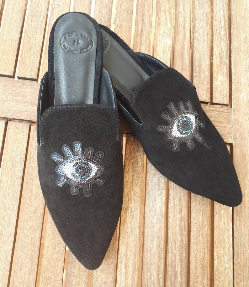 Evileye Greek Leather Mules Evil Eye Shoes Suede Mules - Etsy