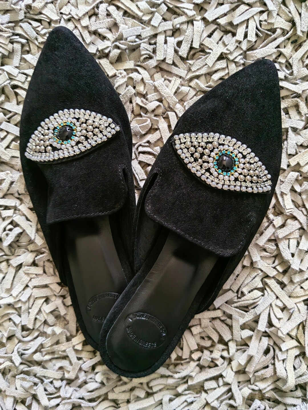 Evileye Greek Leather Mules, Evil Eye Shoes, Suede Mules, Black Leather ...
