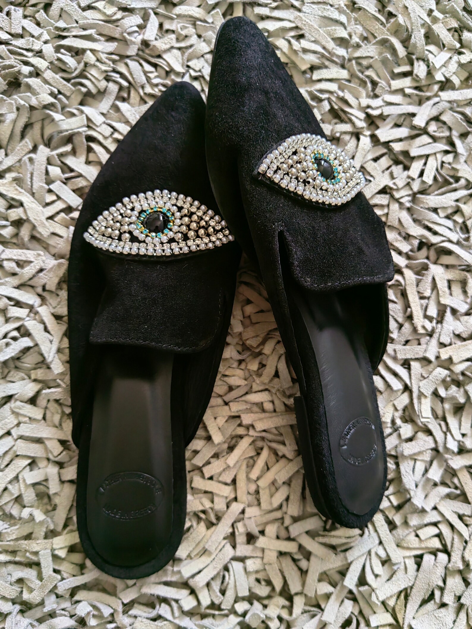 Evileye Greek Leather Mules, Evil Eye Shoes, Suede Mules, Black Leather ...