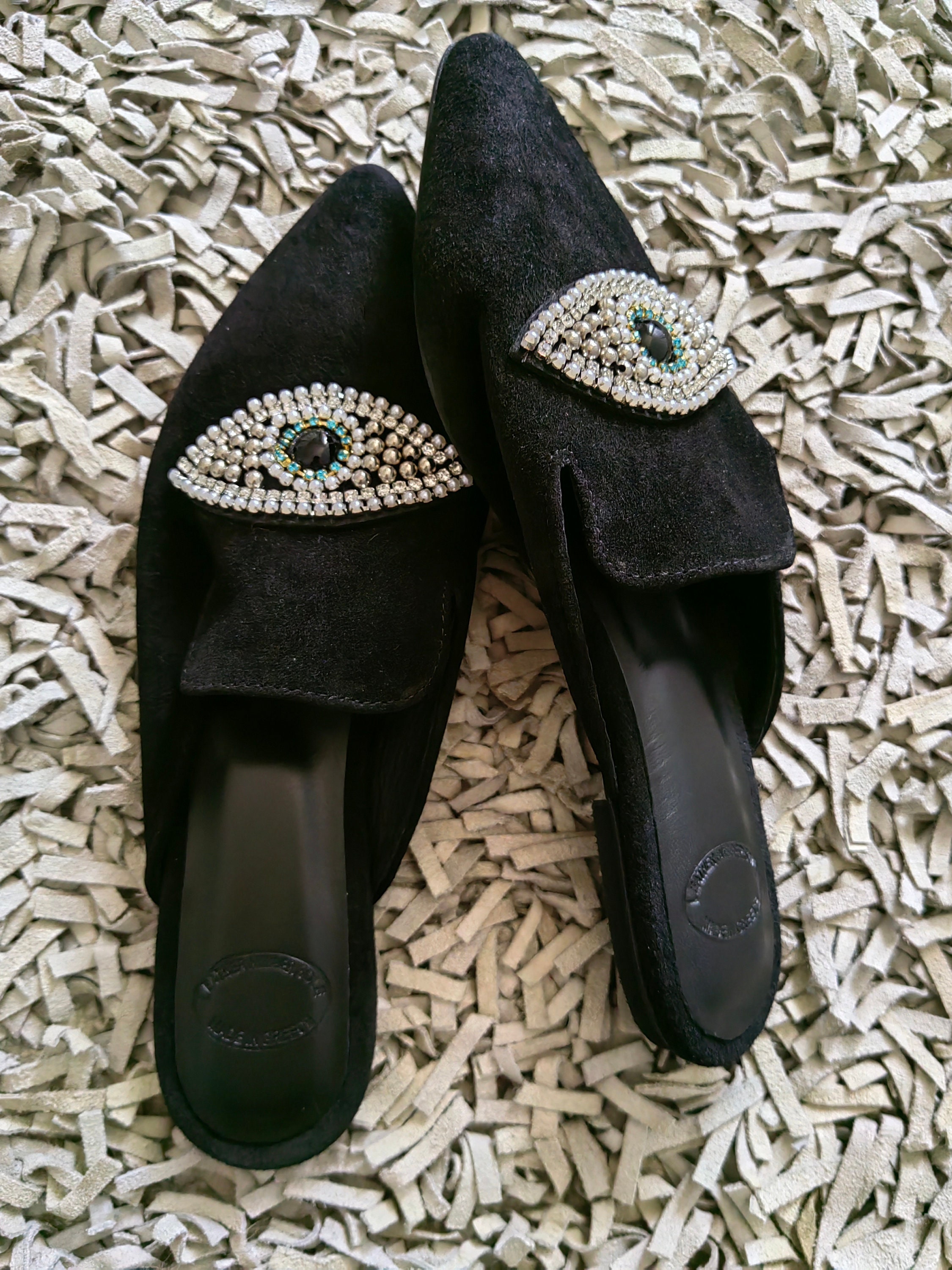 Evileye Greek Leather Mules, Evil Eye Shoes, Suede Mules, Black Leather ...
