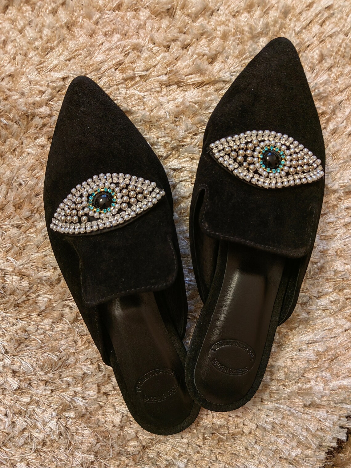 Evileye Greek Leather Mules, Evil Eye Shoes, Suede Mules, Black Leather ...