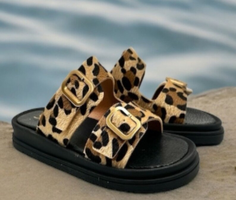 Animal Print Double Buckle Flatform Handmade Slides Sandals, Leopard ...