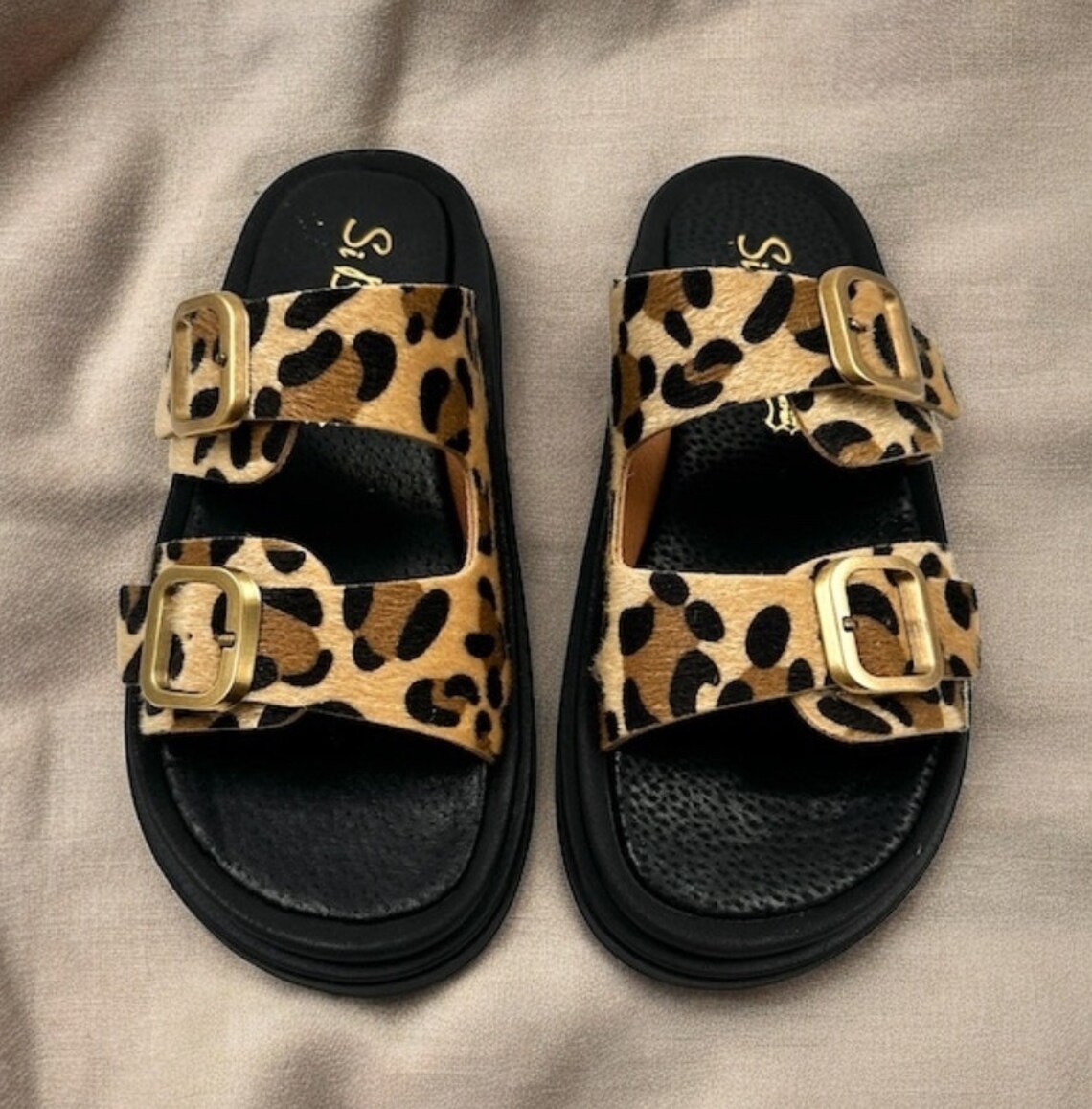 Animal Print Double Buckle Flatform Handmade Slides Sandals, Leopard ...