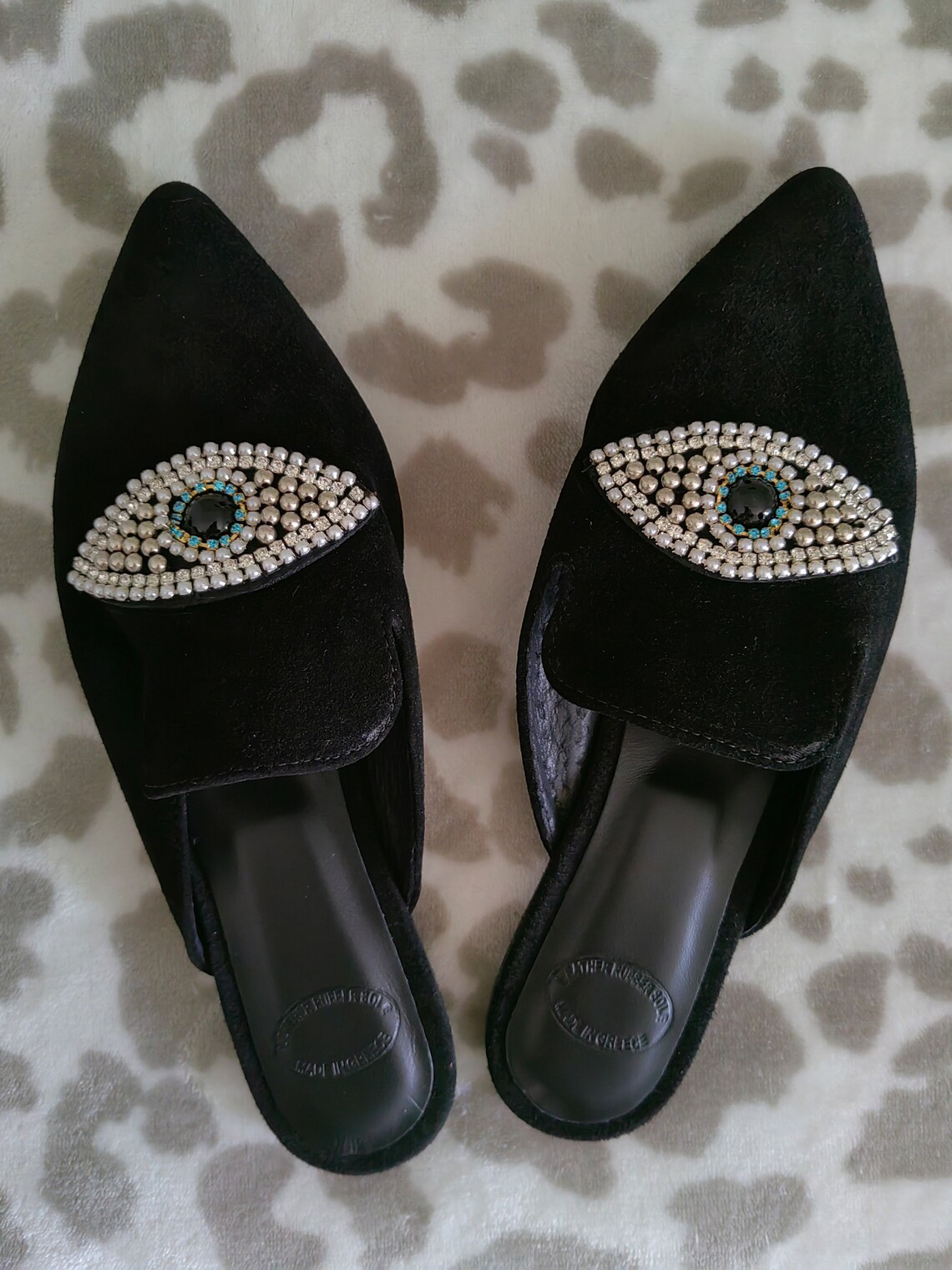 Evileye Greek Leather Mules, Evil Eye Shoes, Suede Mules, Black Leather ...