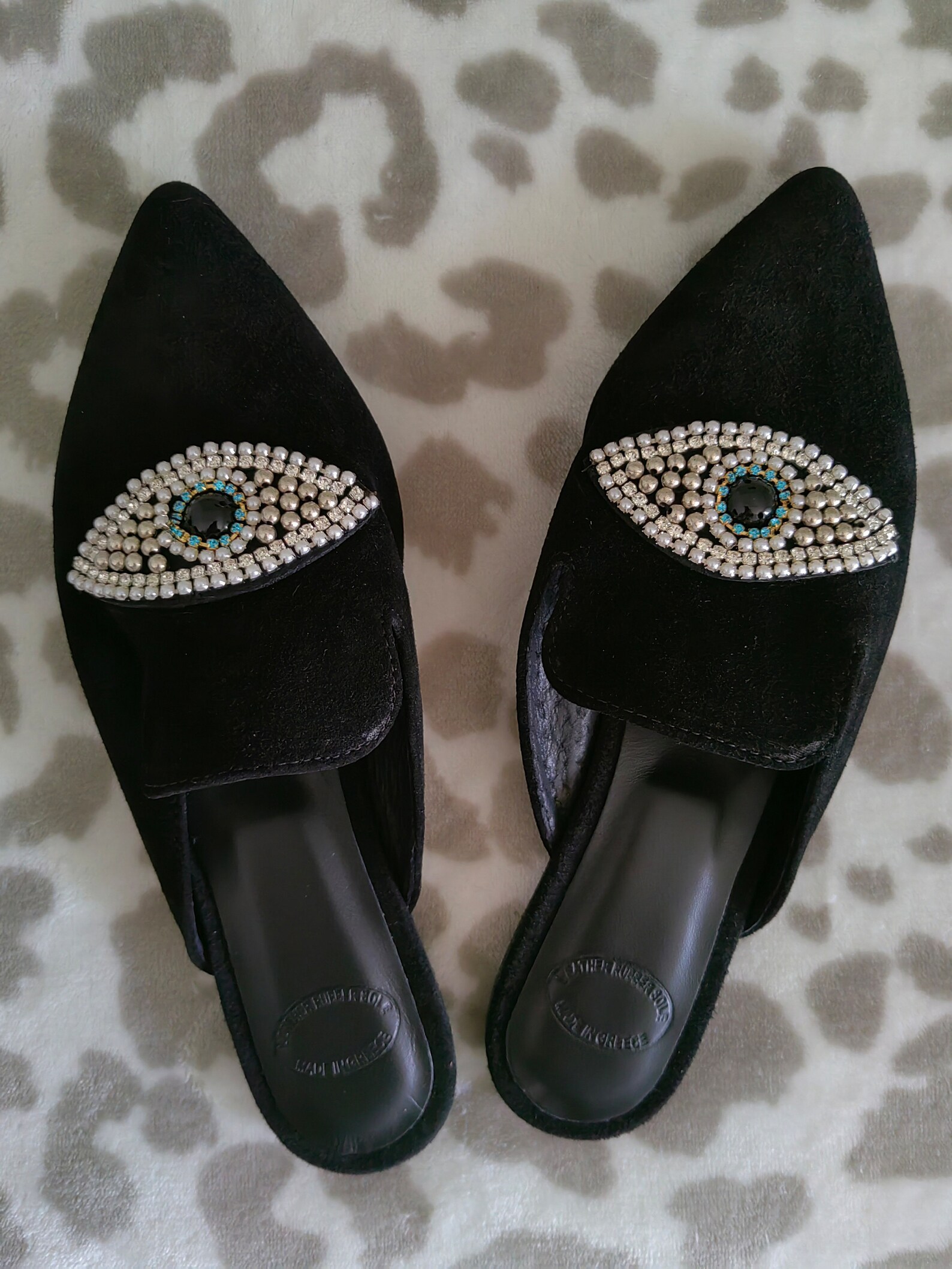 Evileye Greek Leather Mules, Evil Eye Shoes, Suede Mules, Black Leather ...