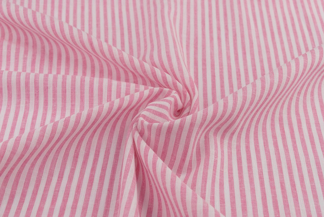 Pink and White Cotton Linen Fabric – Lightweight Striped Fabric for ...