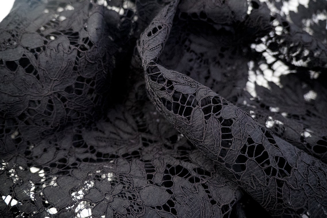 Black Floral Lace Fabric With Scalloped Borders Made in Italy - Etsy