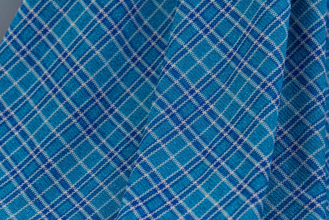 Piqué Jersey Fabric With Tartan Pattern and Glitter Thread, Light Blue ...