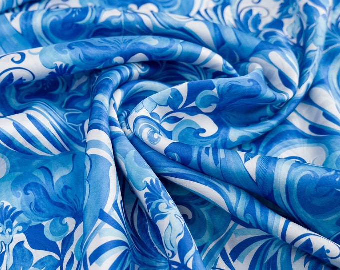 Italian Silk Fabric With Blu Flower Print for Elegant Summer Dresses ...
