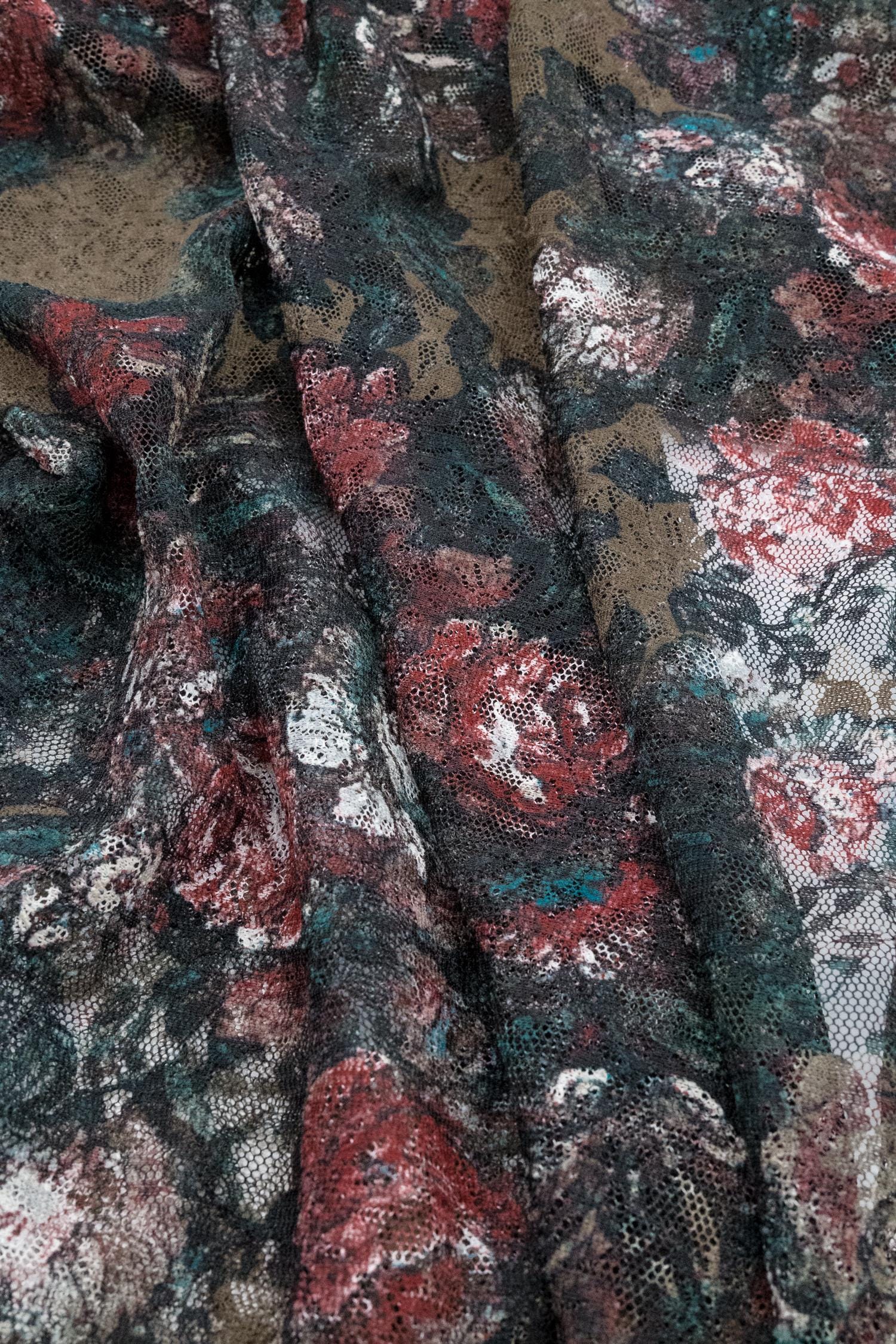 Floral Lace Deadstock Fabric - Stretch Lace in Brown, Wine Red, and ...