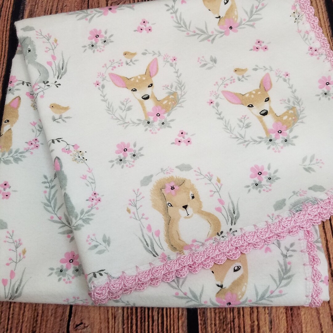 Flannel Receiving Blanket, Pink, Forrest Animal, Handmade Crocheted ...