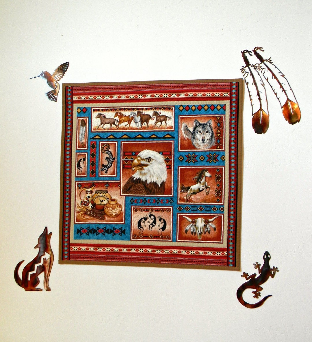 Southwestern Style Wall Hanging Quilt, Blocks Panel With Eagle Lizard ...