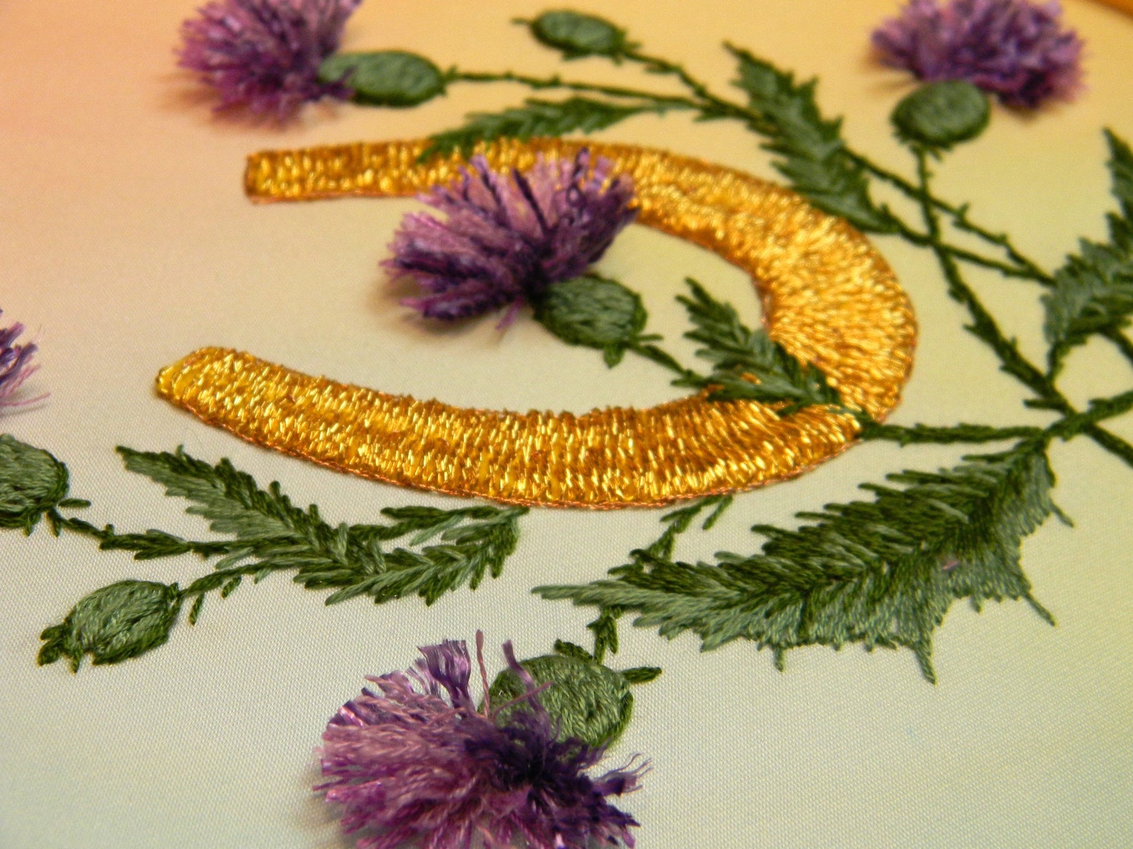 Thistle Stumpwork Hand Embroidery Art, Gold Work Lucky Horseshoe, Three ...