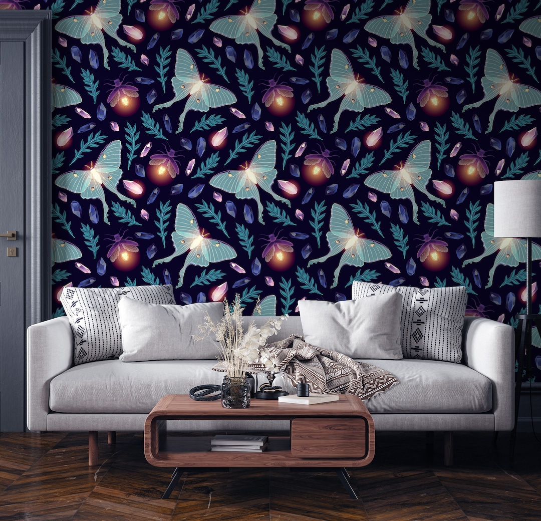 Luna Moth & Firefly Magical Dark Wallpaper, Abstract Insect Wall Mural ...