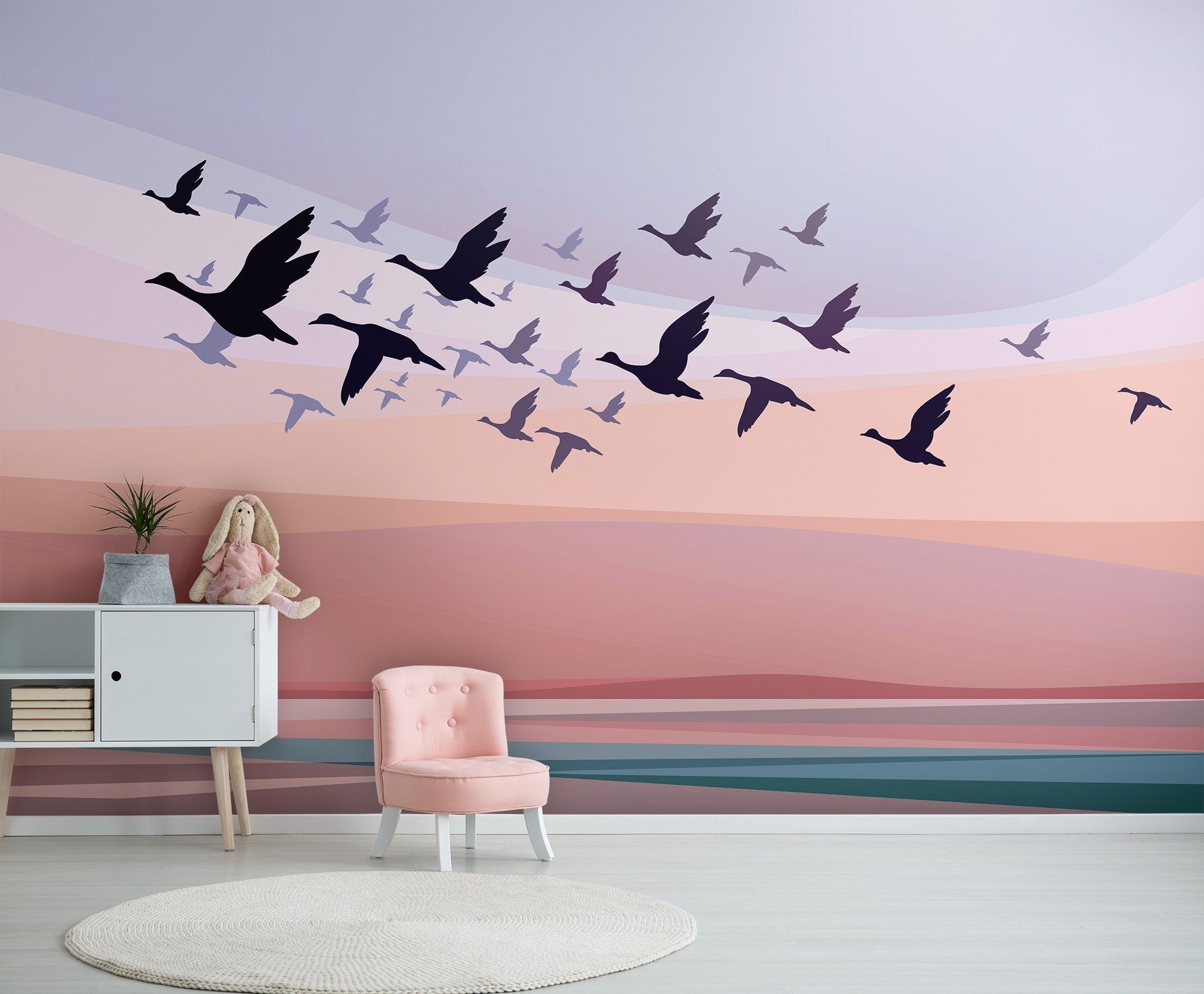 Pink Abstract Landscape Wallpaper | Flying Cranes, Peel and Stick Vinyl ...