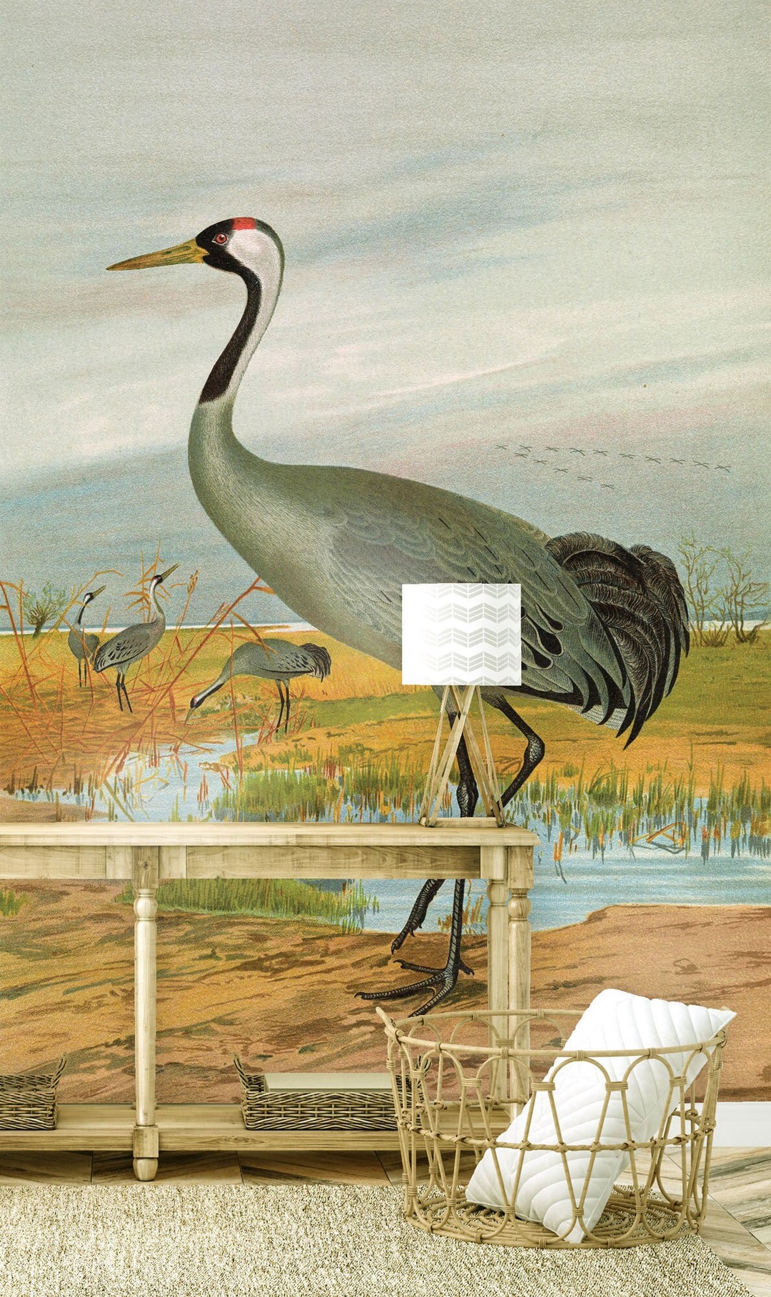Bird Wading in a Lake Wallpaper, Vintage Wall Mural | Peel and Stick ...