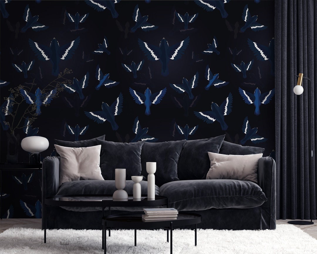 Dark Navy Blue Bird Pattern Wallpaper, Flying Birds Wall Mural | Peel ...