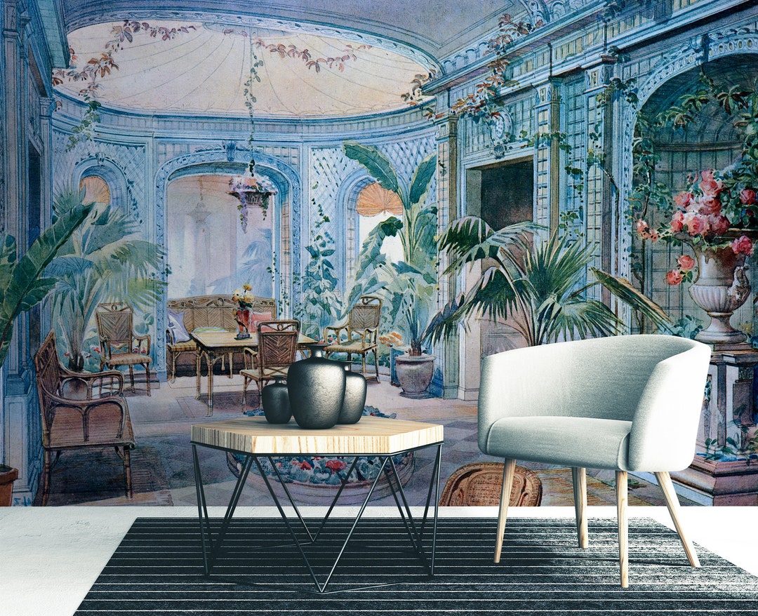 Antique Blue House Interior Wallpaper, Ancient Architecture Wall Mural ...