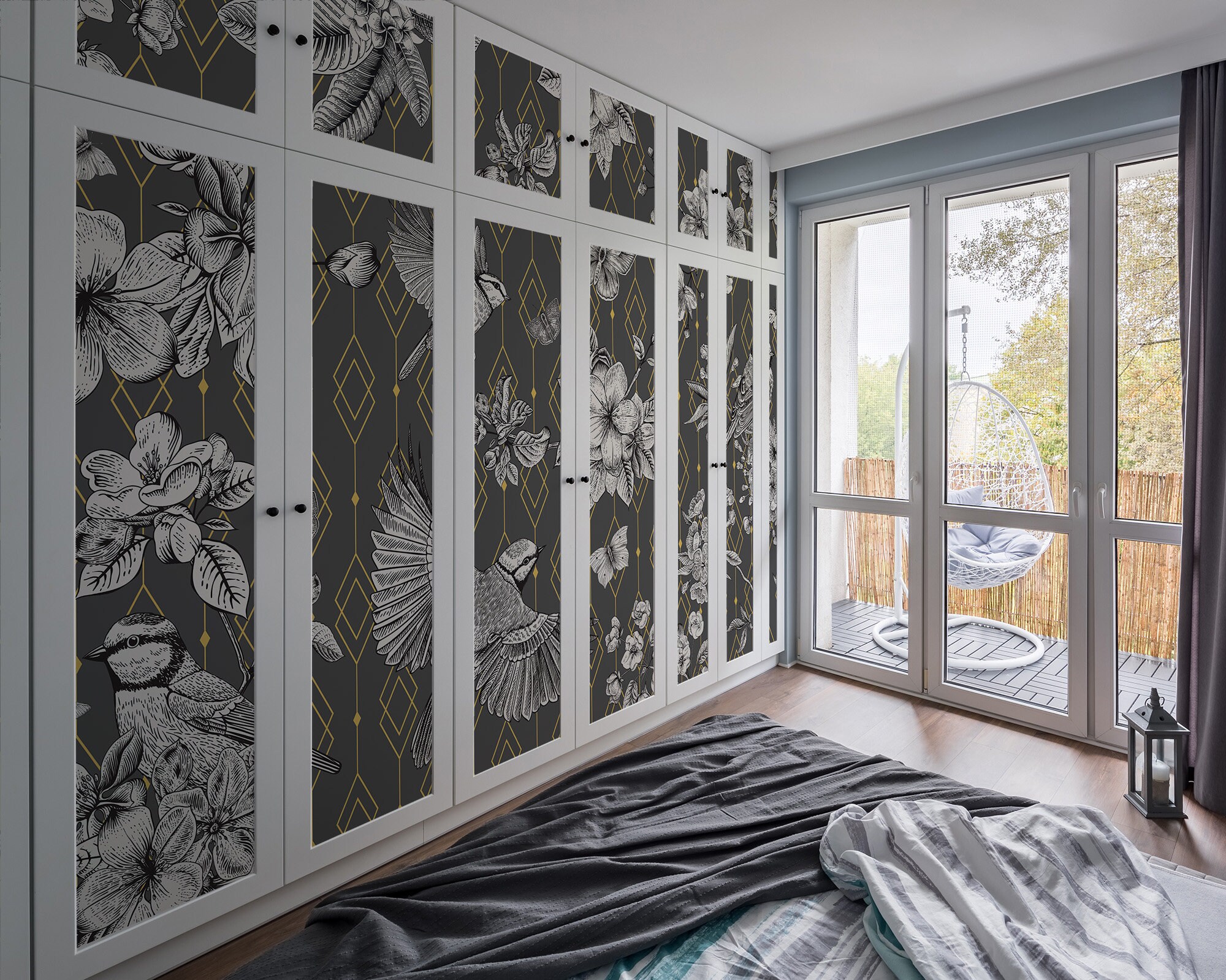 Bird & Flower Art Deco Geometric Gray Wallpaper, Floral Wall Mural ...