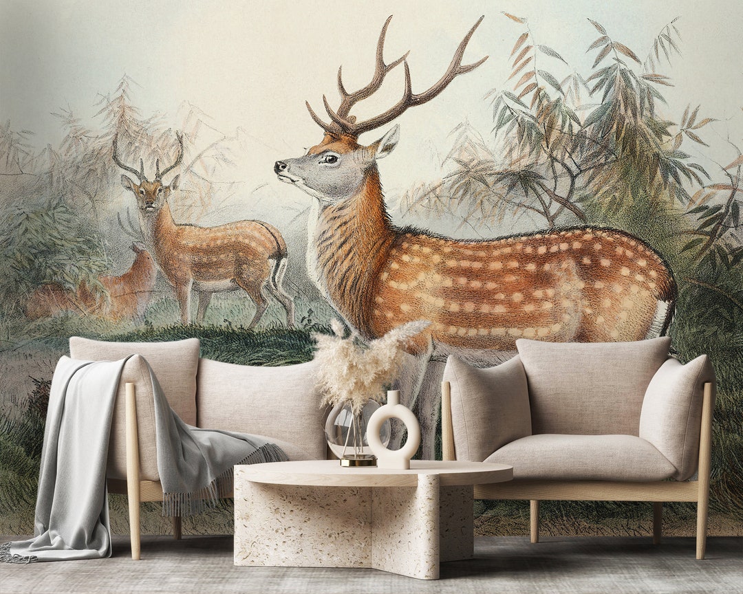 Vintage Deer Family Wallpaper | Landscape Mural, Peel and Stick - Etsy