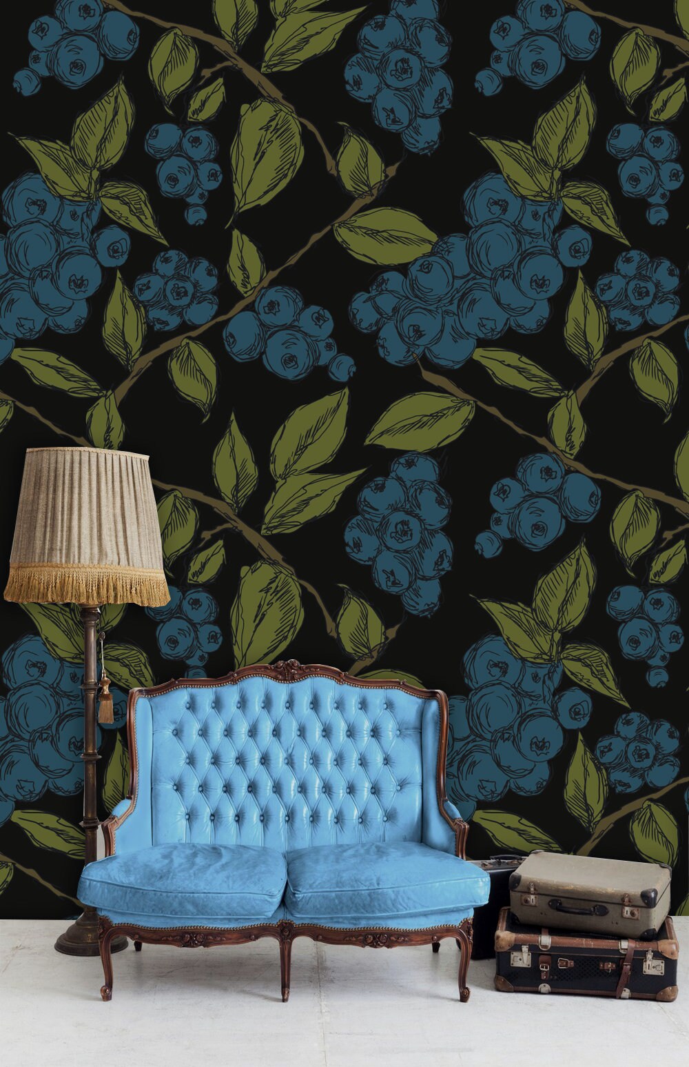 Blueberry Branch Wallpaper, Dark Home Decor, Peel and Stick Wall Decal ...