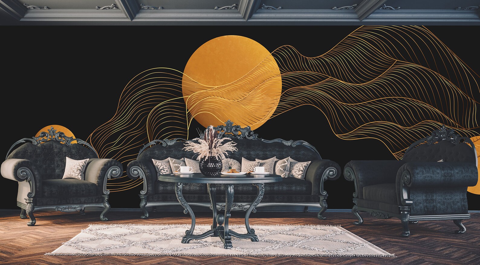 Cosmic Pattern, Planets, Sun, Black Background, Dark Cosmic Mural ...