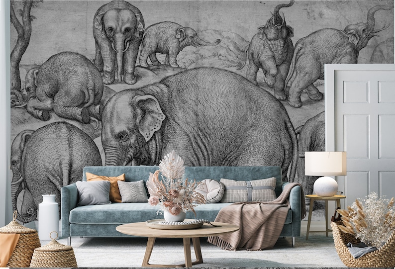 Black and Gray Elephants Ink Art Wallpaper Peel & Stick Self | Etsy
