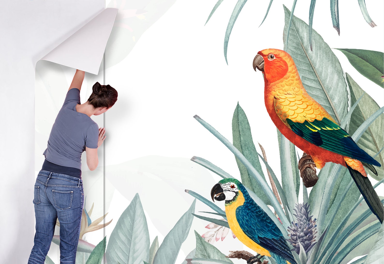 Tropical Wallpaper With Parrots, Self Adhesive, Peel and Stick ...