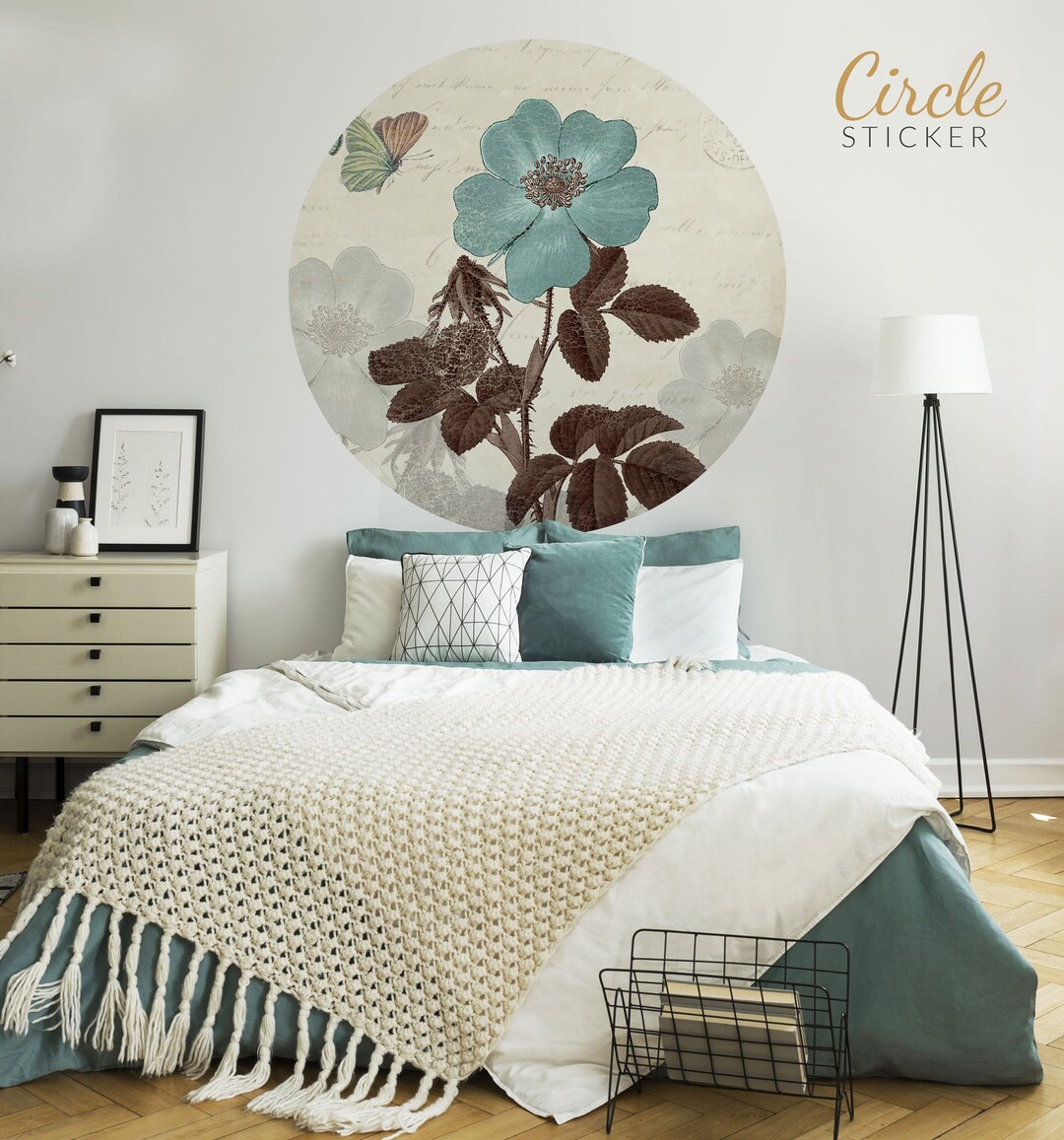 Blue Flower Wall Sticker, Vintage Decal, Room Wall Decor, Circle Wall ...