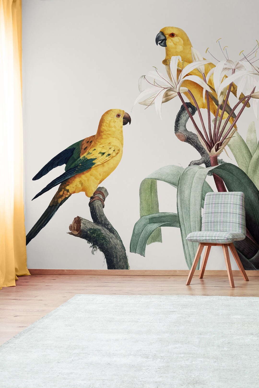 Tropical Wallpaper With Yellow Parrots, Self Adhesive, Peel and Stick ...