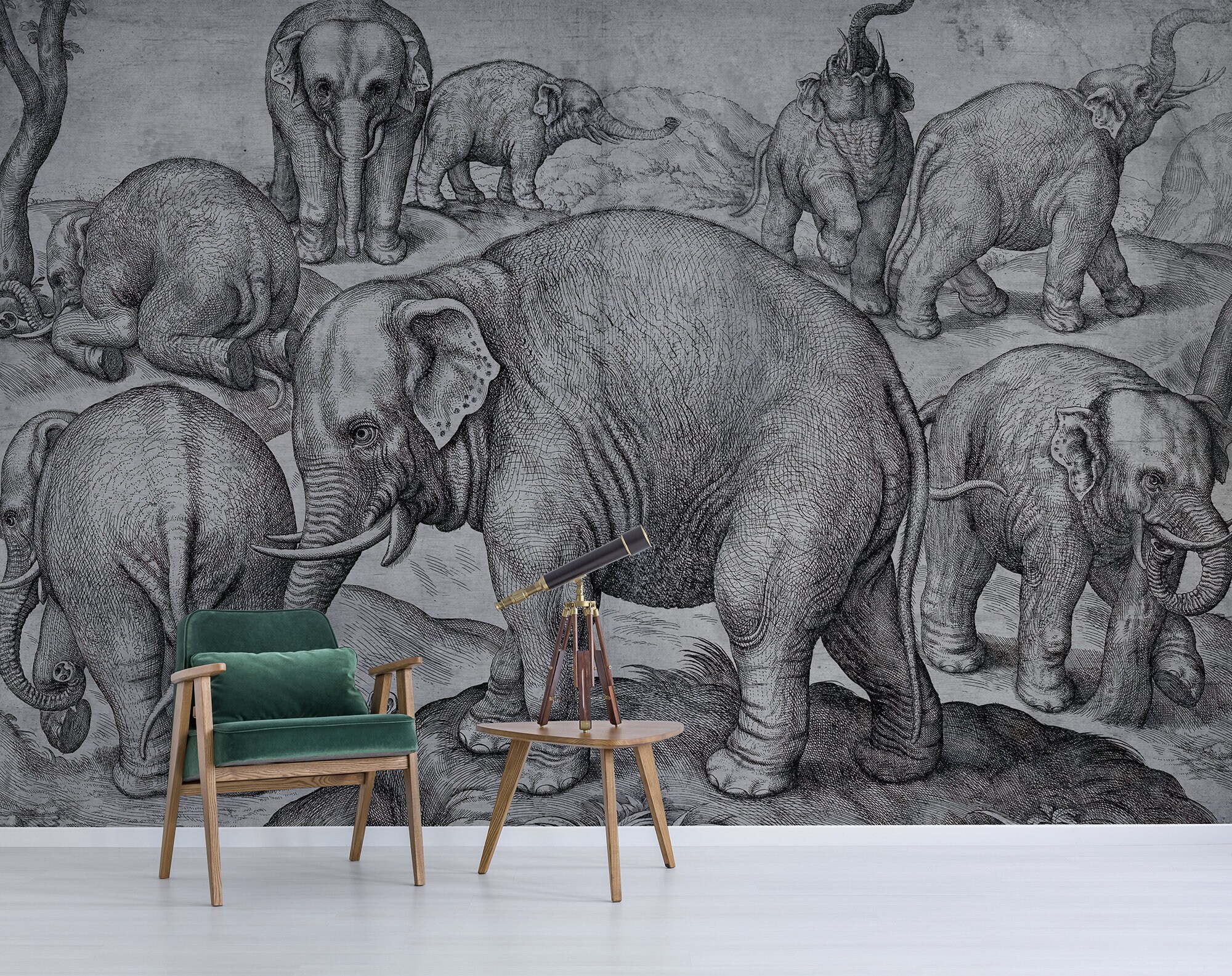 Black and Gray Elephants Ink Art Wallpaper Peel & Stick Self - Etsy